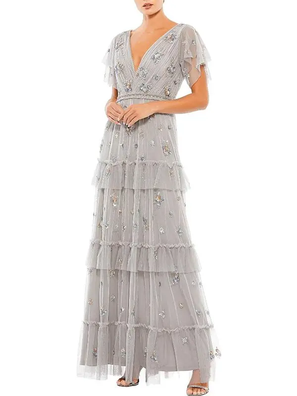 Mac Duggal Ruffle Tiered Embellished Flutter Sleeve Gown - Platinum