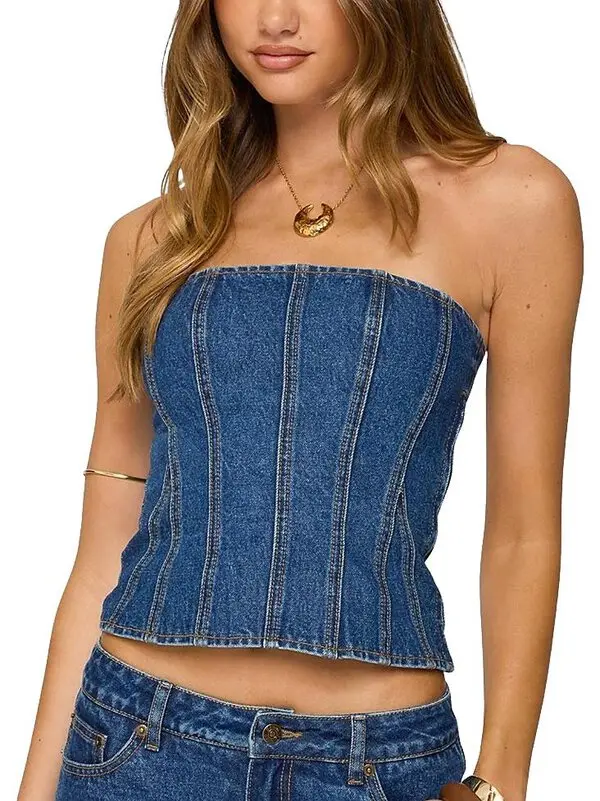 EDIKTED Camelia Strapless Denim Corset - Blue-washed