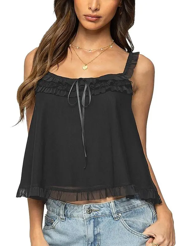 EDIKTED Ruffle Mesh Babydoll Tank Top - Black