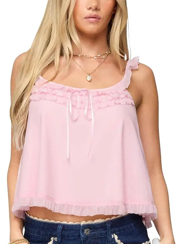 EDIKTED Ruffle Mesh Babydoll Tank Top - Light Pink