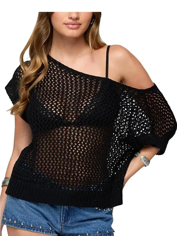 EDIKTED Off-the-shoulder Open Knit Top - Black