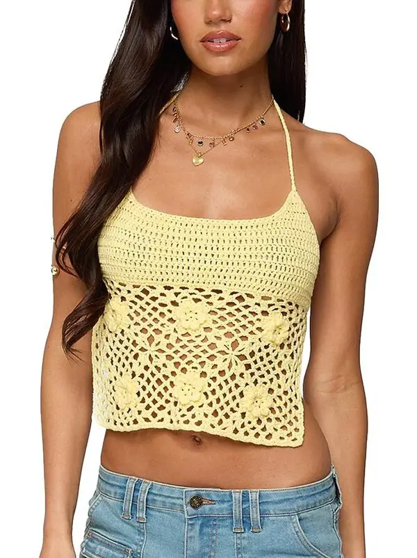 EDIKTED Miel Crochet Backless Halter Top - Yellow