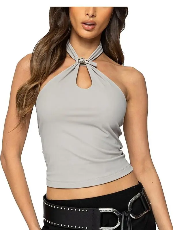 EDIKTED Alizee Belt Detail Halter Top - Light Gray