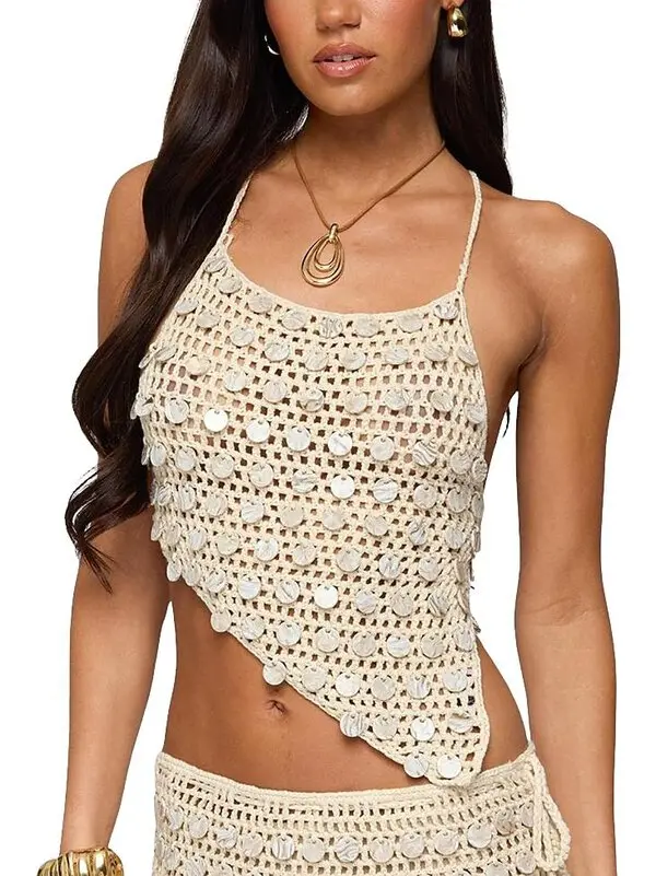 EDIKTED Alora Iridescent Crochet Top - Beige