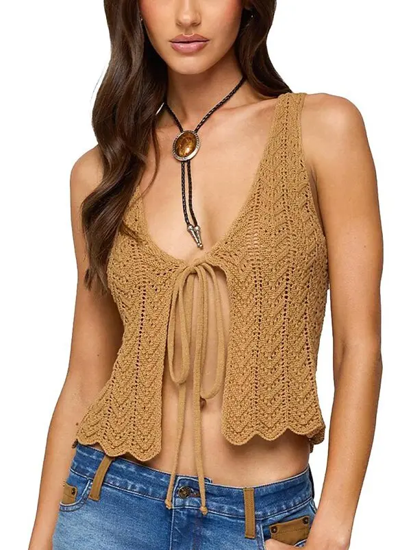 EDIKTED Split Front Knit Top - Brown