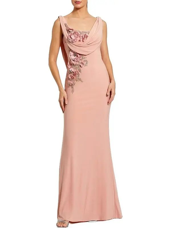 Mac Duggal Sleeveless Jersey Cowl Neck Gown With Beading - Peach