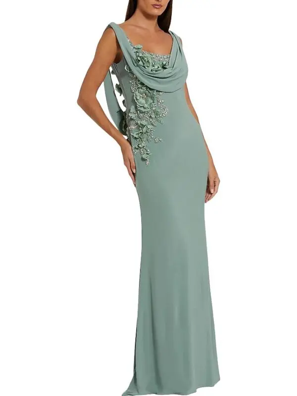 Mac Duggal Sleeveless Jersey Cowl Neck Gown With Beading - Sage