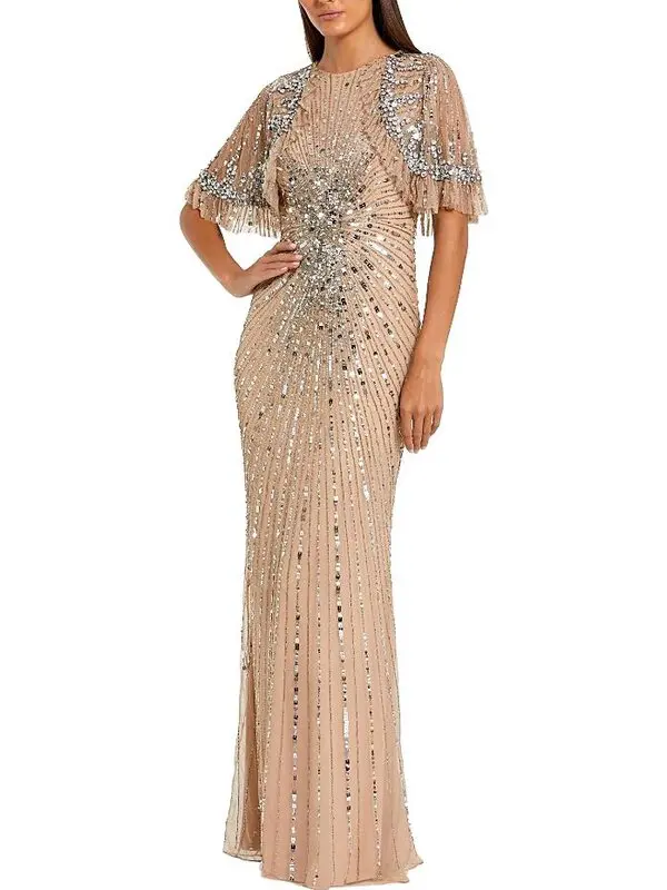 Mac Duggal Fitted Beaded Mesh Gown With Capelet - Nude Silver