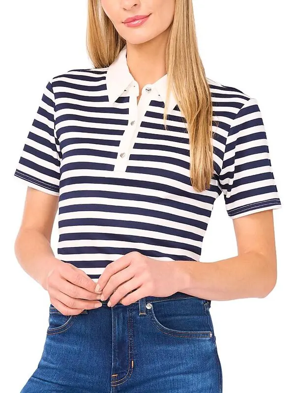 CECE DUPRAZ Short Sleeved Striped Polo Top - New Ivory