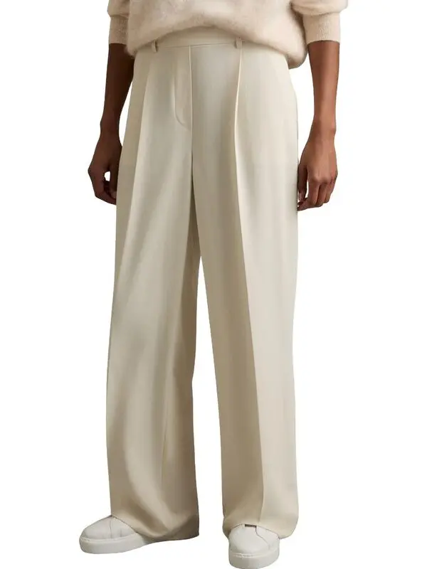 REISS Eden Pleat Front Wide Leg Pants - Cream