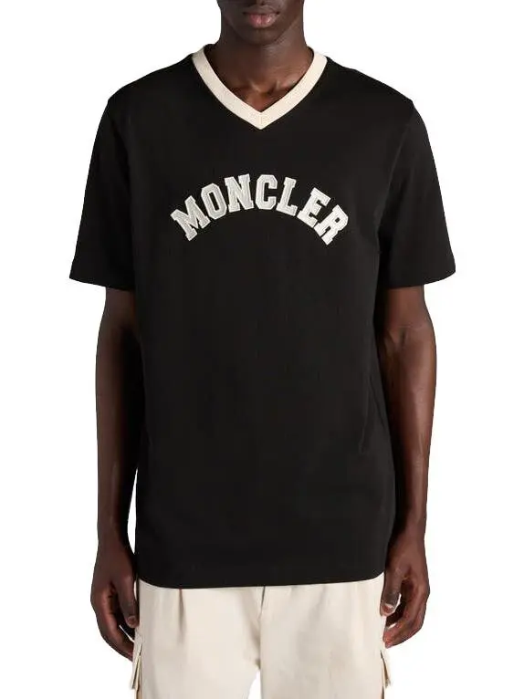 Moncler Logo Patch V-neck Cotton T-shirt - Black
