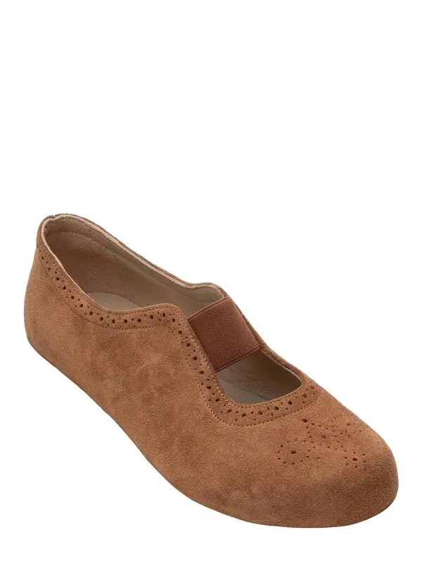 FOREVER & ALWAYS SHOES Chelle Elastic Leather Flat - Cognac Suede Leather