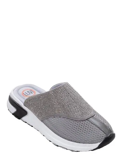 PROLOGUE SHOES Glea Mesh Rhinestone Mules - Grey Faux Leather