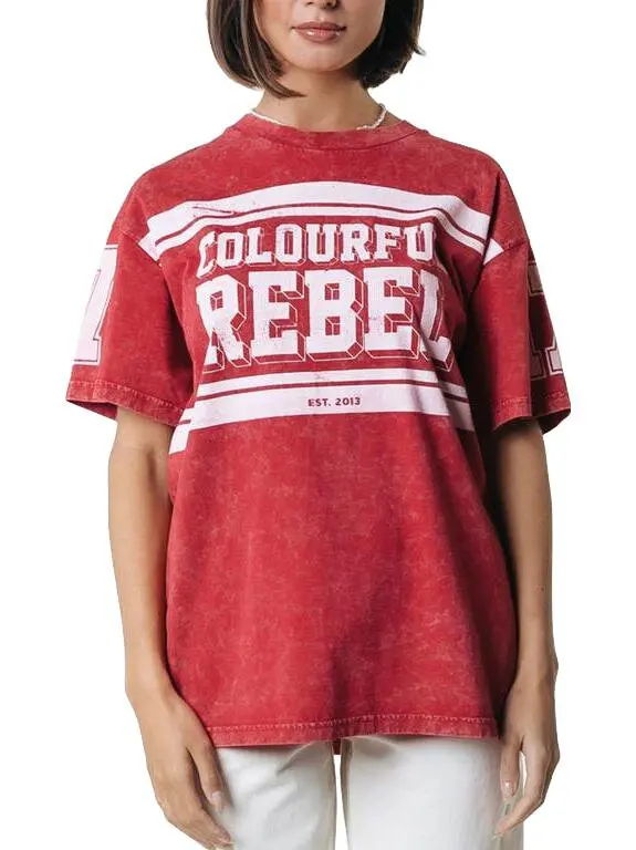 COLOURFUL REBEL Logo Acid Wash Loose Fit T-shirt - Racing Red