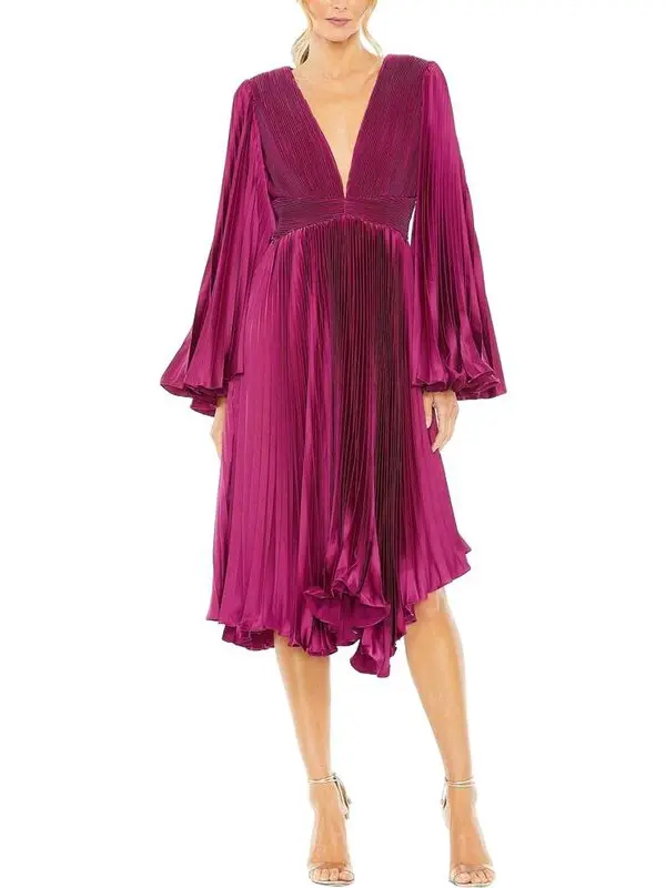 Mac Duggal Pleated V-neck Flare Sleeve Dress - Berry