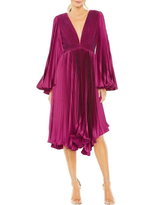 Mac Duggal Pleated V-neck Flare Sleeve Dress - Berry
