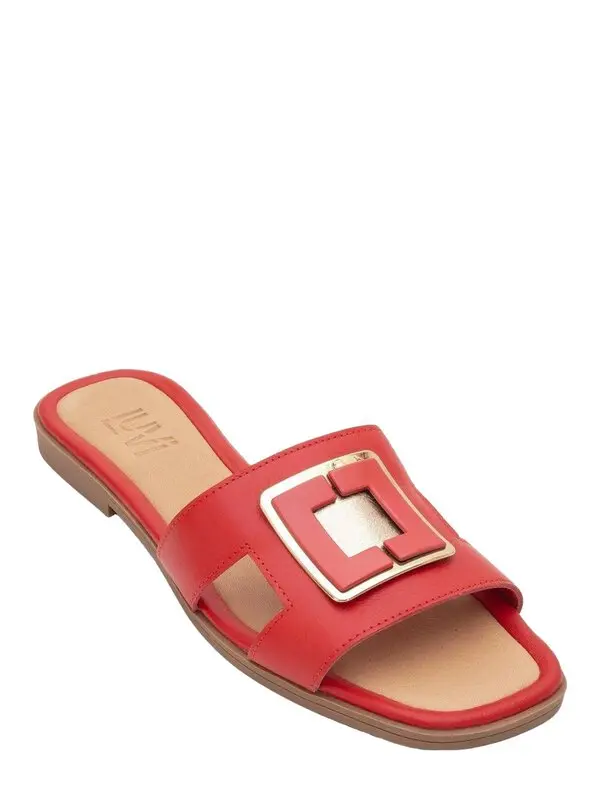 FOREVER & ALWAYS SHOES Millie Leather Buckle Slide - Red Leather