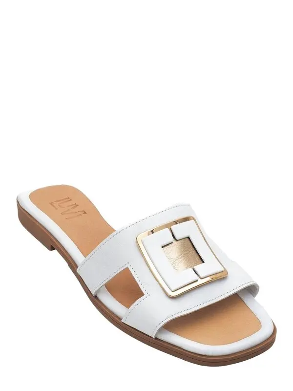 FOREVER & ALWAYS SHOES Millie Leather Buckle Slide - White Leather