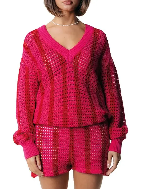 COLOURFUL REBEL Lizza Crochet Stripe V-neck Sweater - Medium Bright Pink
