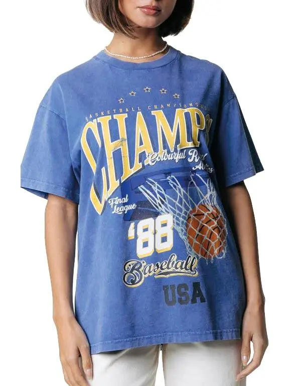COLOURFUL REBEL Champions Acid Wash Loose Fit T-shirt - Bright Blue
