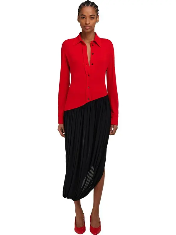 FERRAGAMO Viscose Shirt Dress With Gathered Skirt - Red