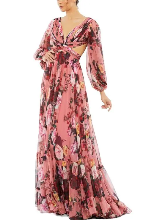 Mac Duggal Floral Blouson Sleeve Gown - Rose Multi