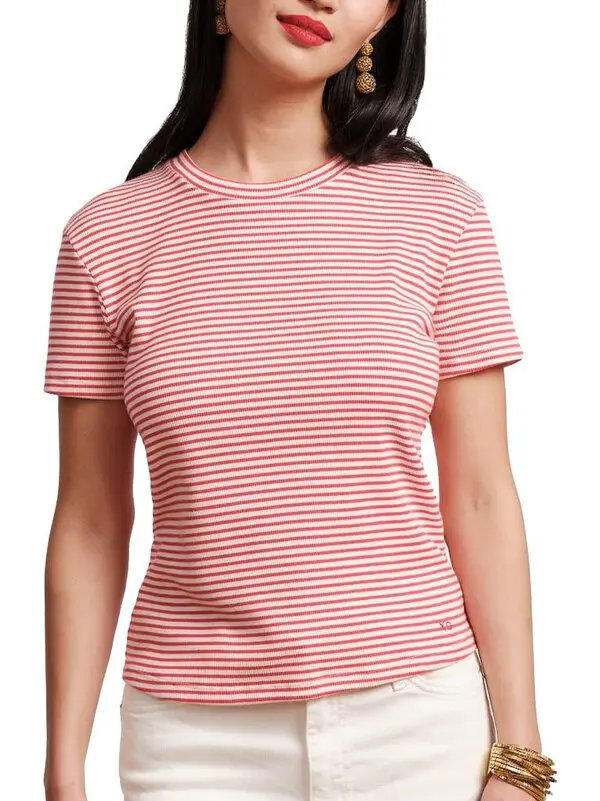FRANCES VALENTINE Crewneck Ribbed Striped Tee - Red/white
