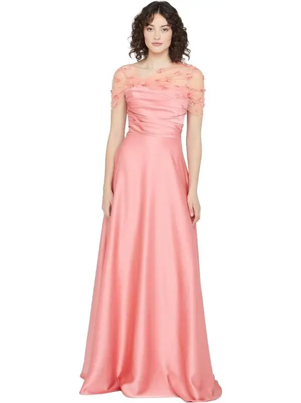 Theia Luella Shawl Draped Gown - Sugar Coral