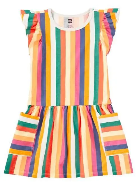 TEA COLLECTION Flutter Sleeve Pocket Dress - Lamu Sunset Stripe
