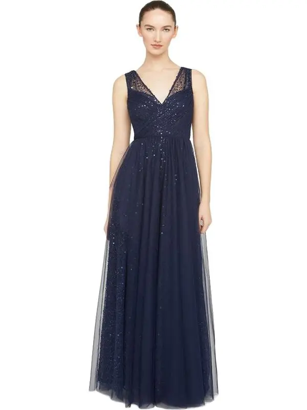 Theia Kiana Beaded V-neck Gown - Navy