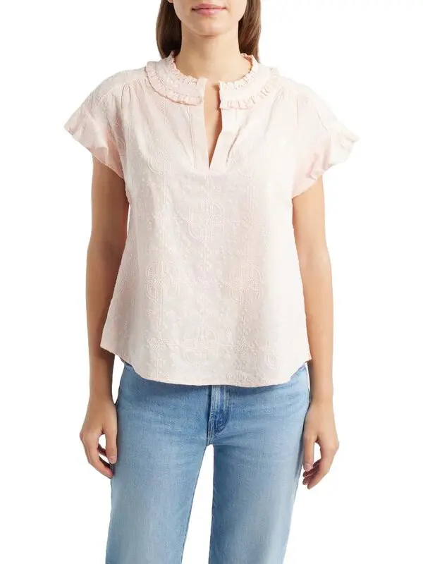 Wit & Wisdom Embroidered Split Neck Top - Angel Pink
