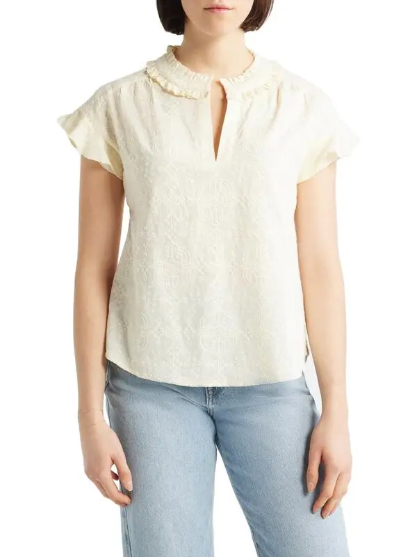 Wit & Wisdom Embroidered Split Neck Top - Light Lemon Lush