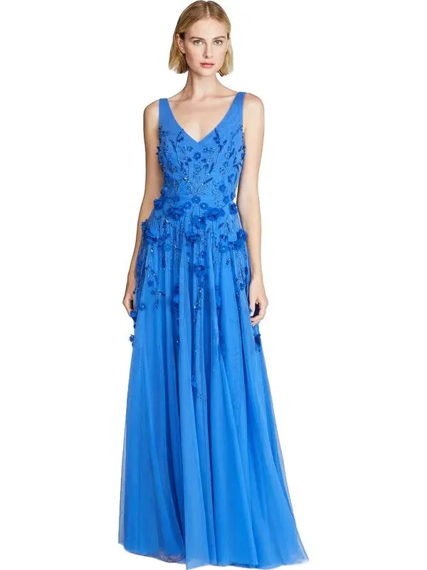Theia Fabiana Beaded Capelet Gown - Cornflower Blue