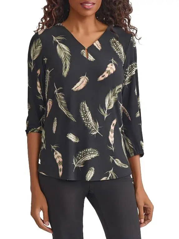 Jones New York Feather Print Knit Top - Jones Black Multi