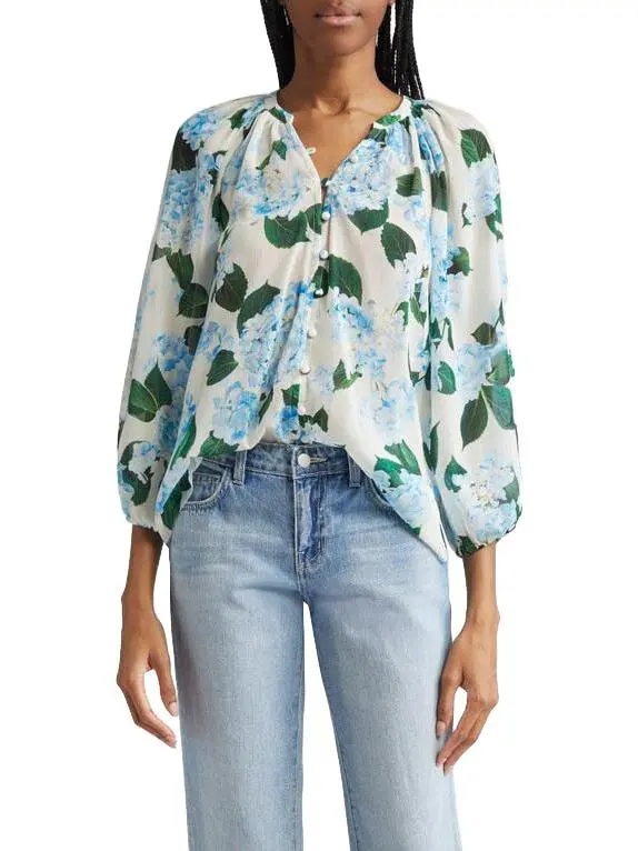 L'Agence Teagan Floral Puff Sleeve Top - Ivory/ Light Blue Hydrangea