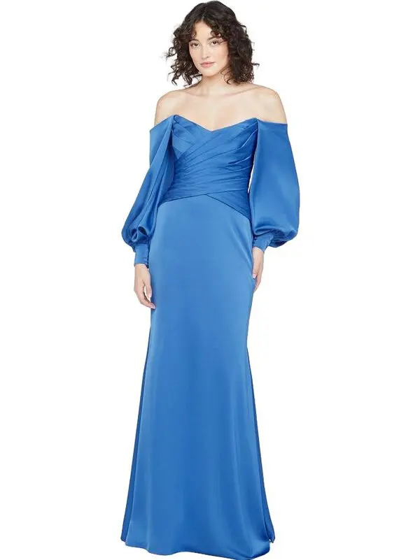 Theia Milenia Draped Sleeve Gown - Cornflower Blue