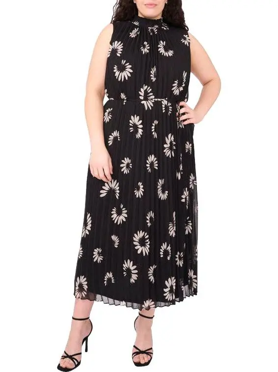 Halogen Daisy Print Sleeveless Pleated Maxi Dress - Rich Black