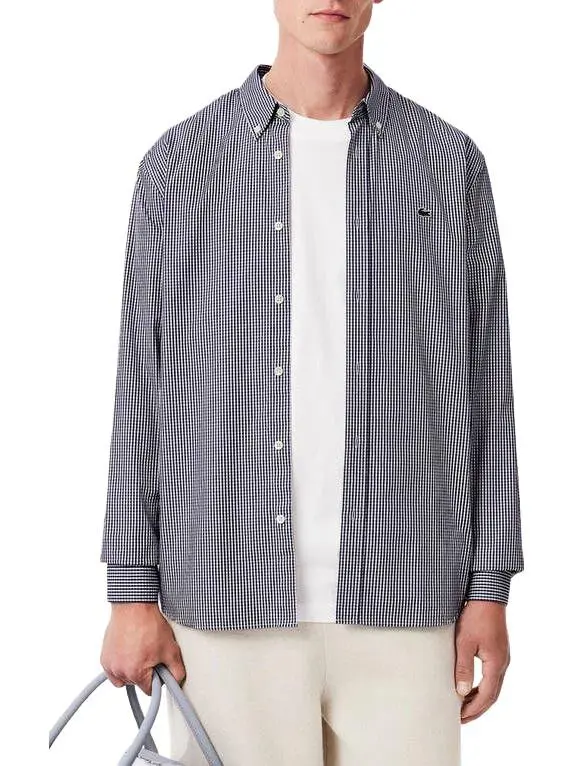 Lacoste Checker Cotton Pinpoint Button-down Shirt - White/ Navy Blue