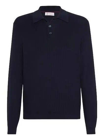 Brunello Cucinelli Rib Knit Polo - Navy Blue