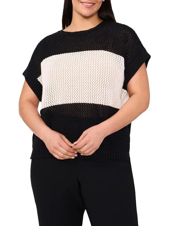 Halogen Colorblock Open Stitch Cotton Sweater - Rich Black
