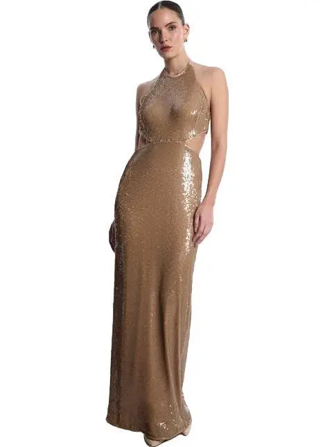 Bcbgmaxazria Sequin Cutout Halter Gown - Almond