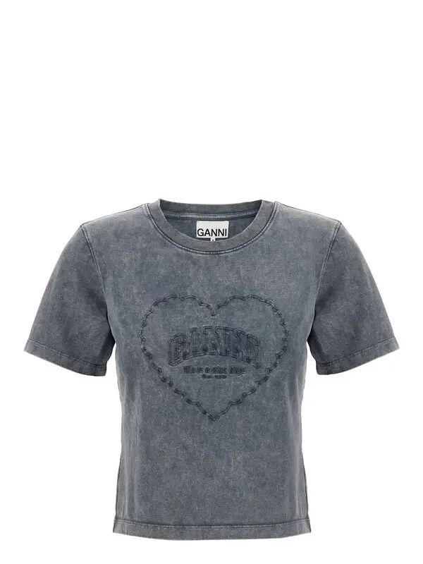 GANNI Cotton T-shirt With Logo Embroidery - Gray