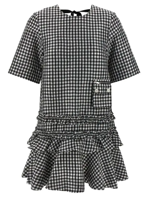 GANNI Crinkled Check Mini Dress - White/black