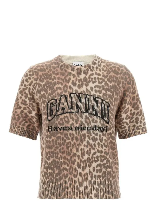 GANNI Leopard Wool Mix T-shirt - Brown