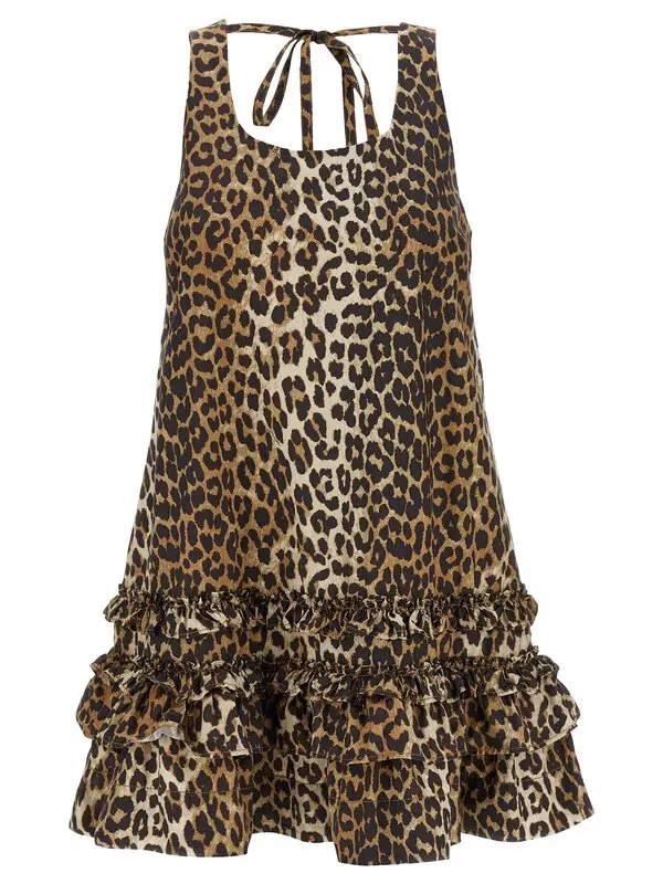 GANNI Leopard Cotton Poplin Mini Dress - Brown