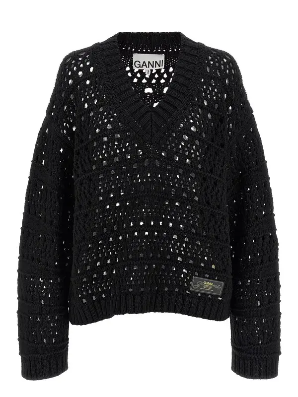 GANNI Crochet V-neck Sweater - Black
