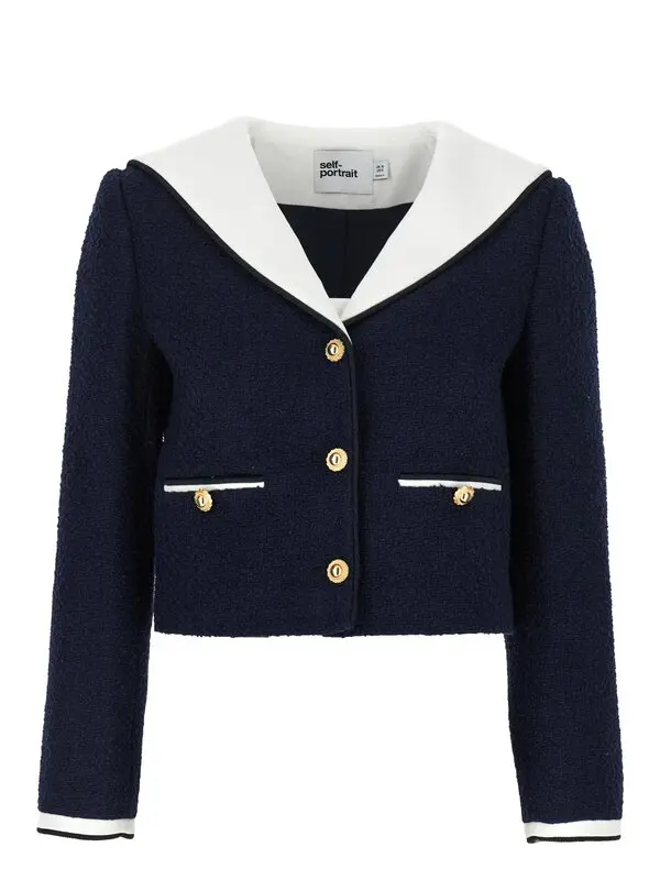 SELF-PORTRAIT Boucle Contrast Collar Blazer - Blue