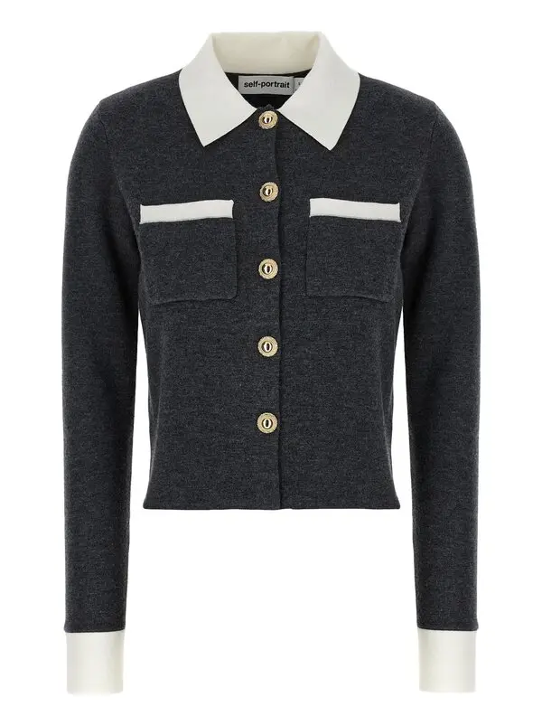 SELF-PORTRAIT Contrast Collar Cardigan - Gray