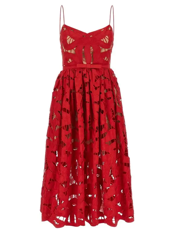 SELF-PORTRAIT Bow Embroidered Midi Dress - Red