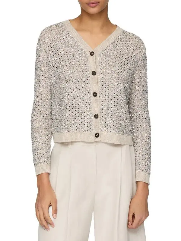 Lafayette 148 New York Pointelle Metallic Linen & Silk Cardigan - Smoked Taupe Multi